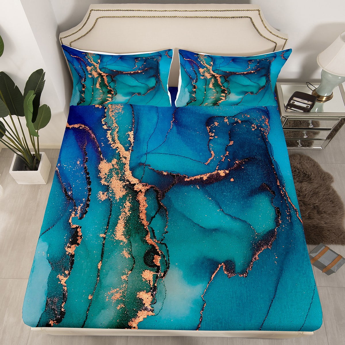 YST Tie Dye Marbling Fitted Sheet Turquoise Marble Bedding Set ...