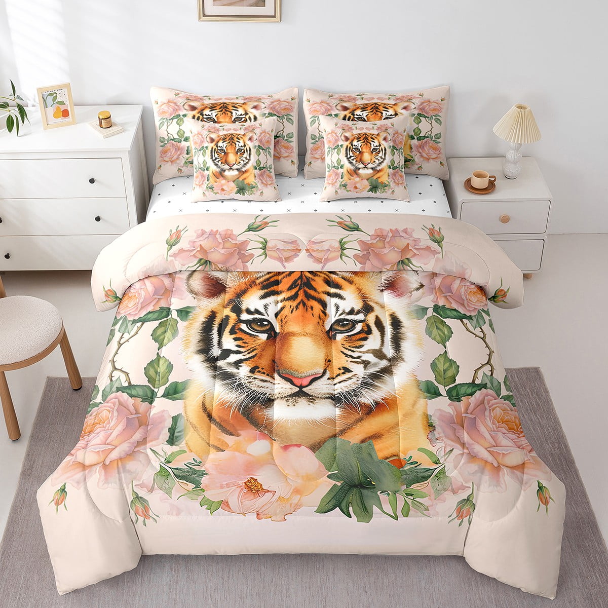 YST Tiger Comforter For Kids Boys Bedroom, Pink Flower Fitted Sheet ...