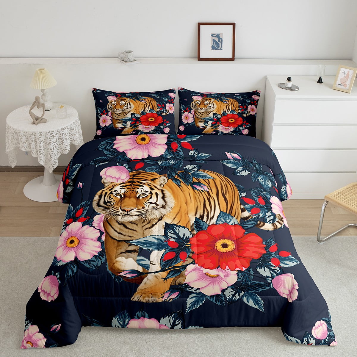 YST Tiger Comforter Set Full Size,Poppy Floral Bedding Set for Kids ...