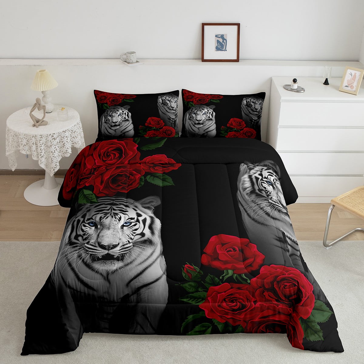 YST Tiger Comforter Set Queen,Red Rose Floral Bedding Set for Kids Boys ...