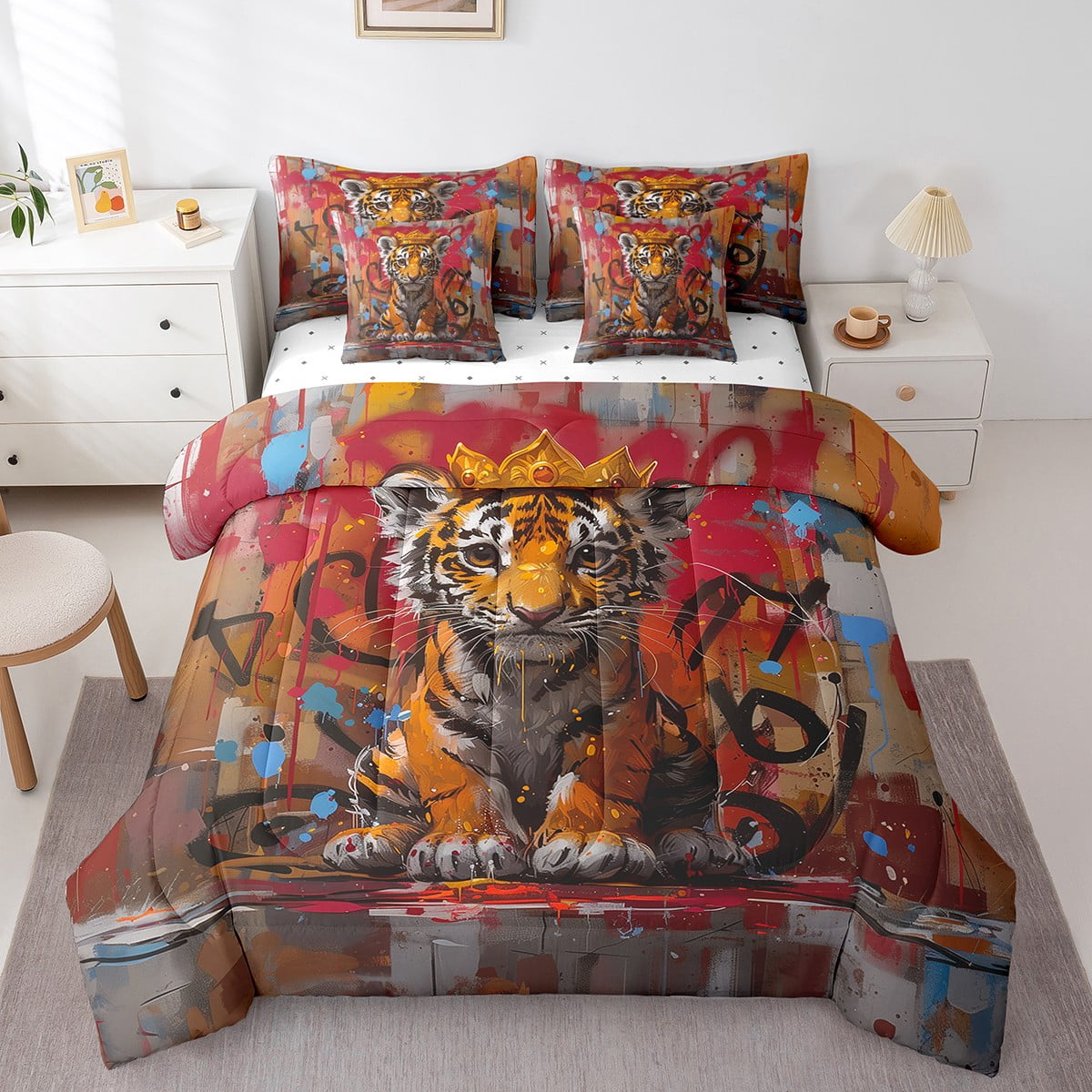 YST Tiger Comforter Set Twin 7 Piece Wildlife Animal Print Tiger Bed in ...