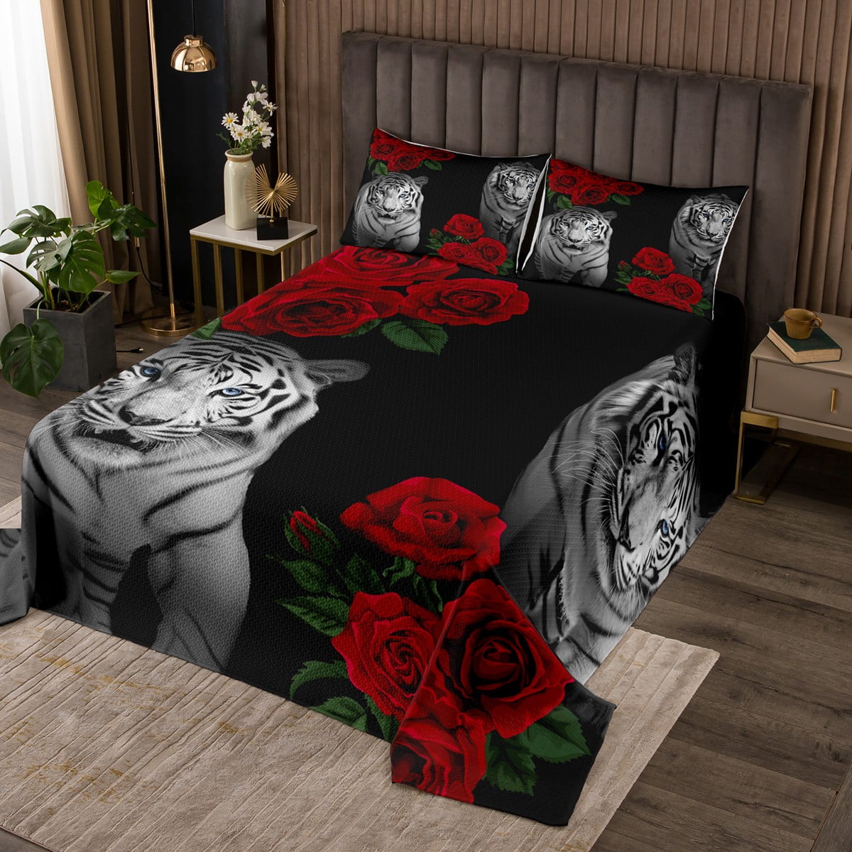 Tiger Quilt Set Queen,Red Rose Floral Bedding Set ,African Safari ...