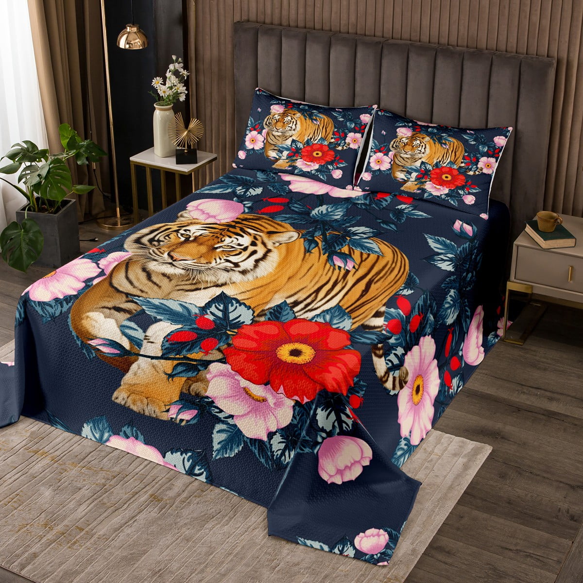 Erosebridal Tiger Quilt Set Queen Size,Poppy Floral Bedspread Set ...