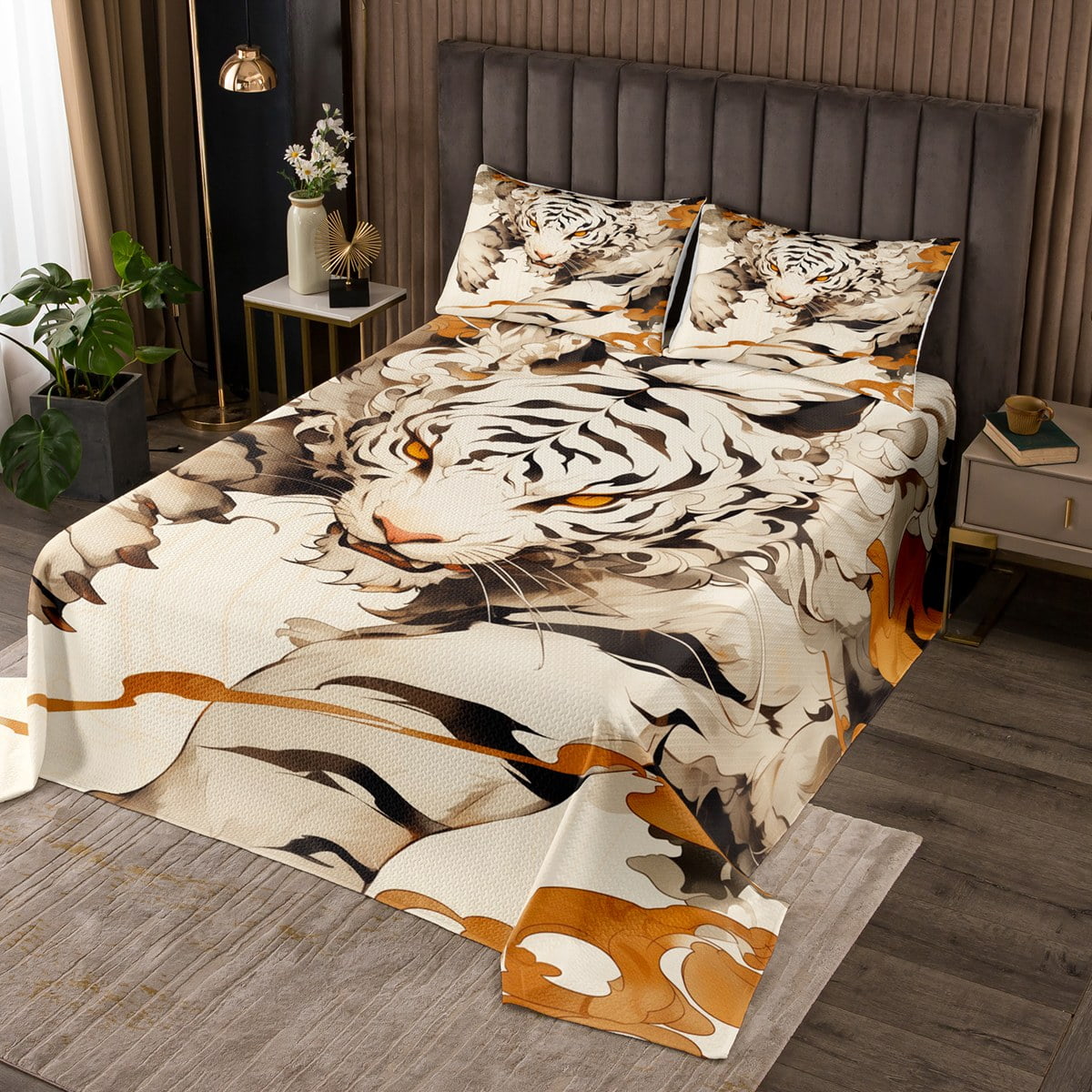 YST Tiger Twin Quilt Set Woodland Wild Animal Bedspread Set Oriental Japanese Style Coverlet Set ...