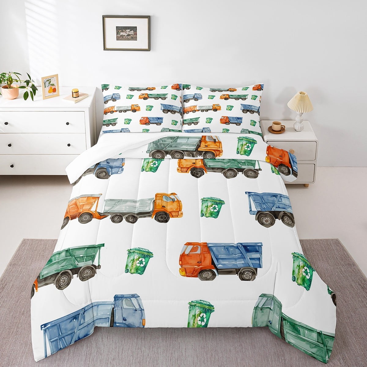 Toddler Bedding Set Garbage Trucks Comforter Set Vintage Watercolor ...