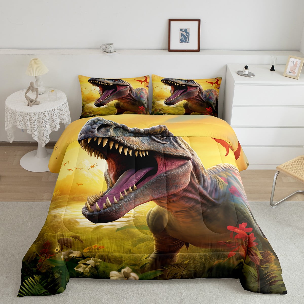Erosebridal Comforter Sets Queen Dinosaur Bedding Set, 3D Tyrannosaurus ...