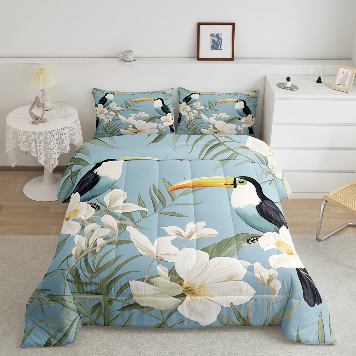 YST Toucan Queen Size Comforter Set,Botanical Flowers Bedding Set for ...