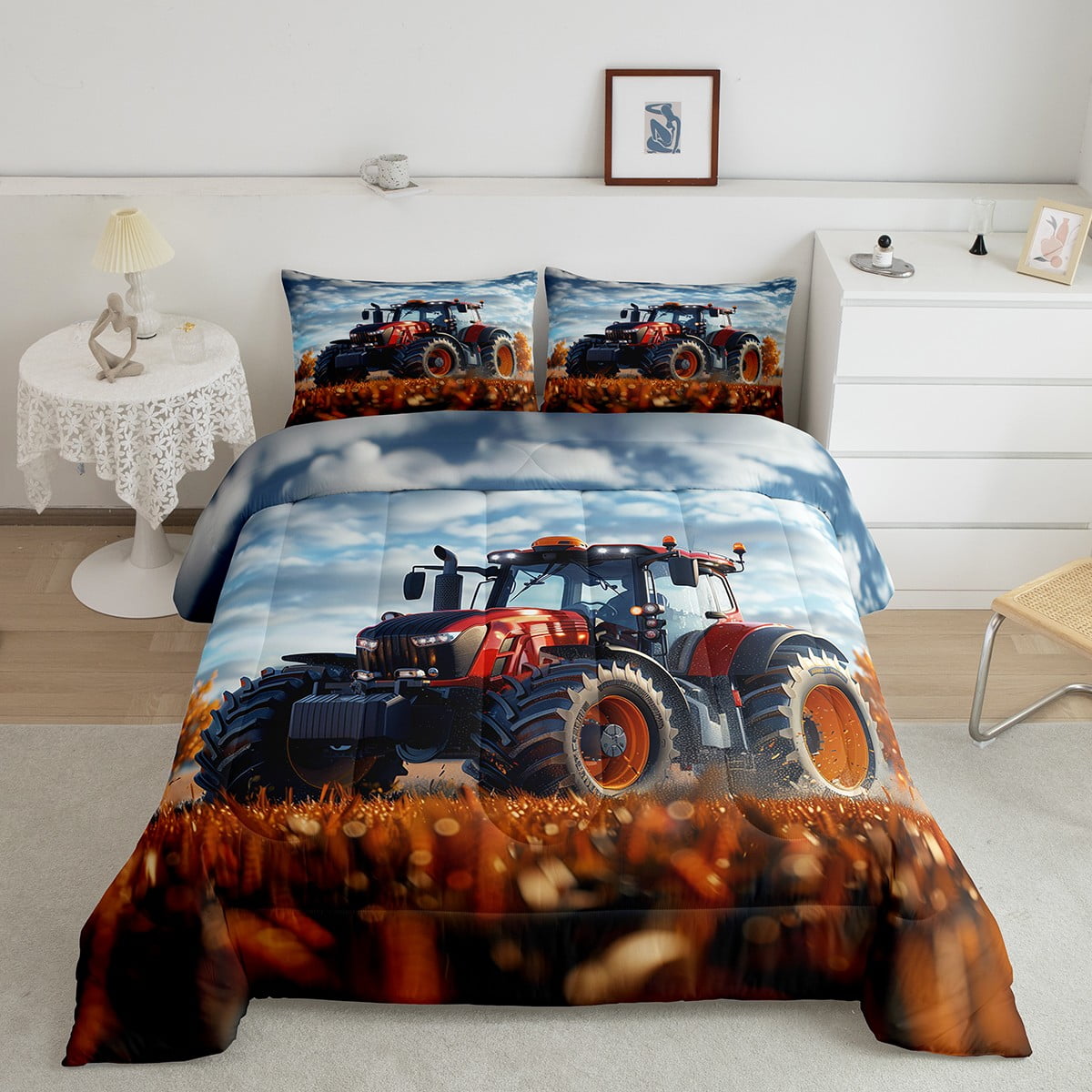 YST Tractor Bedding Toddler for Boys Kids Red Farm Tractor Comforter ...