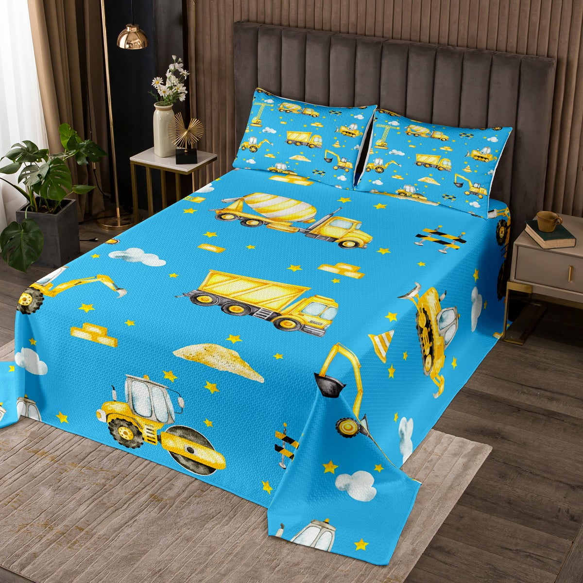 YST Tractor Bedspread Set for Boys Girls Kids,Yellow Construction Truck Quilt Set Queen,Cartoon ...