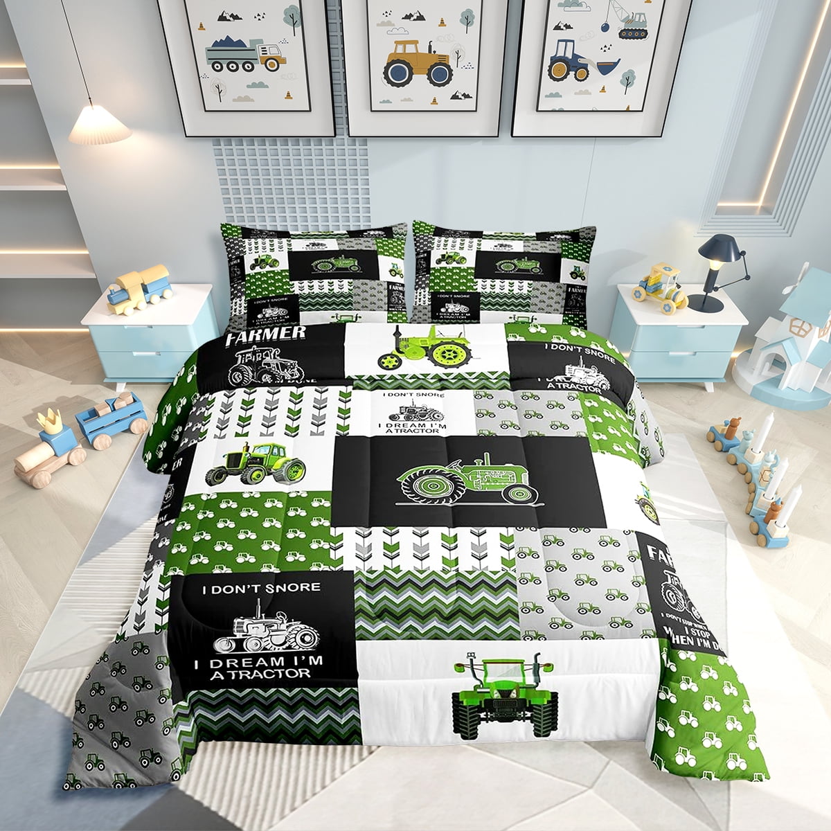 YST Twin Size Tractor Comforter Set for Kids, Green Farm Truck Bedding ...