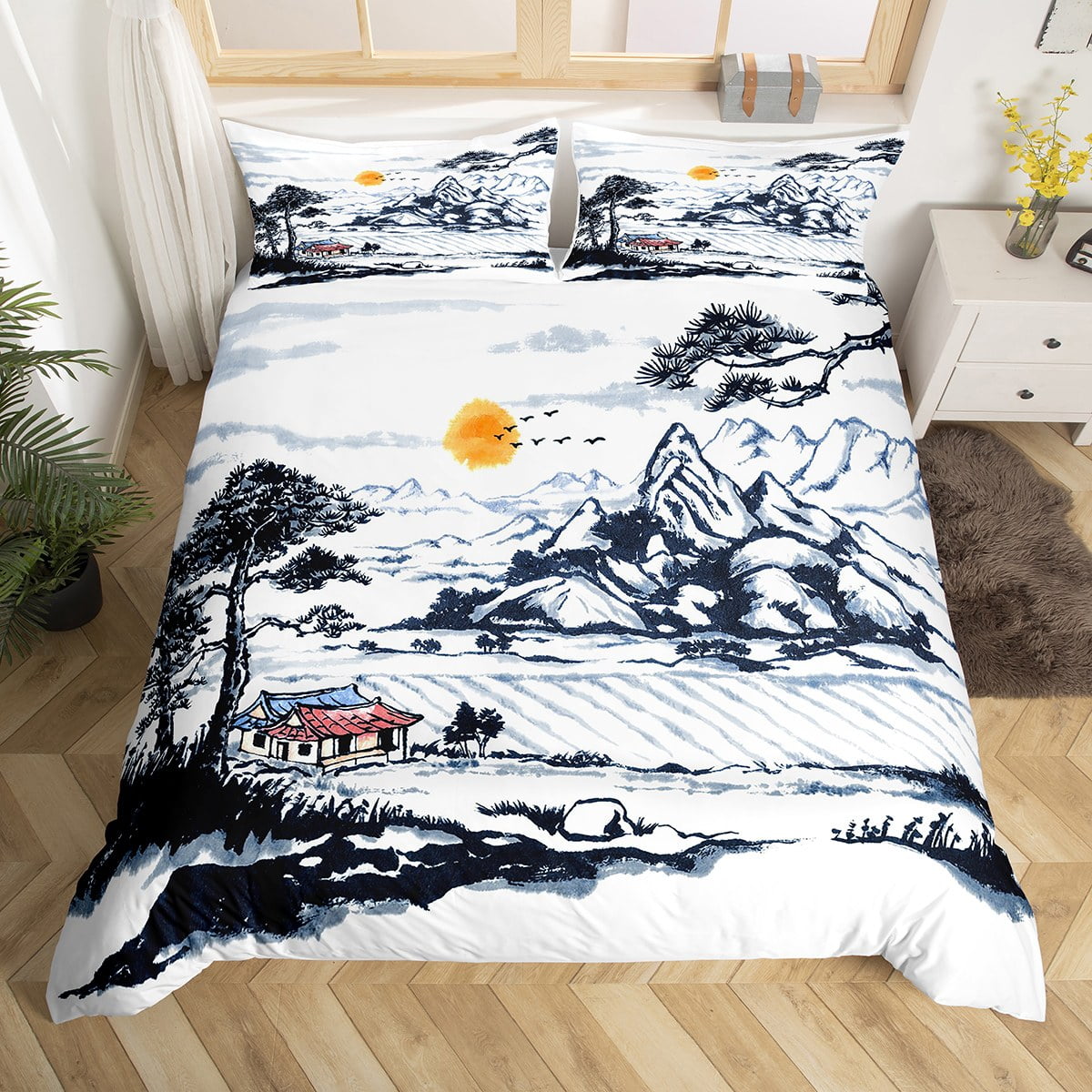 Traditional Ink Painting Bed Set Japanese Style Duvet Cover King Size ...