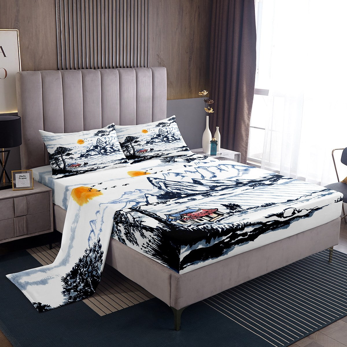 YST Traditional Ink Painting Queen Sheet Set Japanese Style Sheets ...