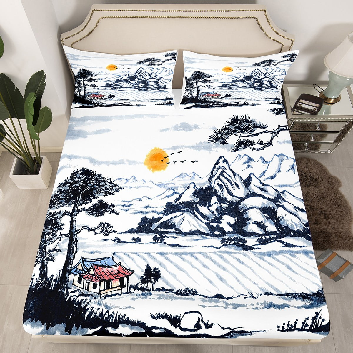 Traditional Ink Painting Twin Sheets Japanese Style Bed Sheets, Rustic ...