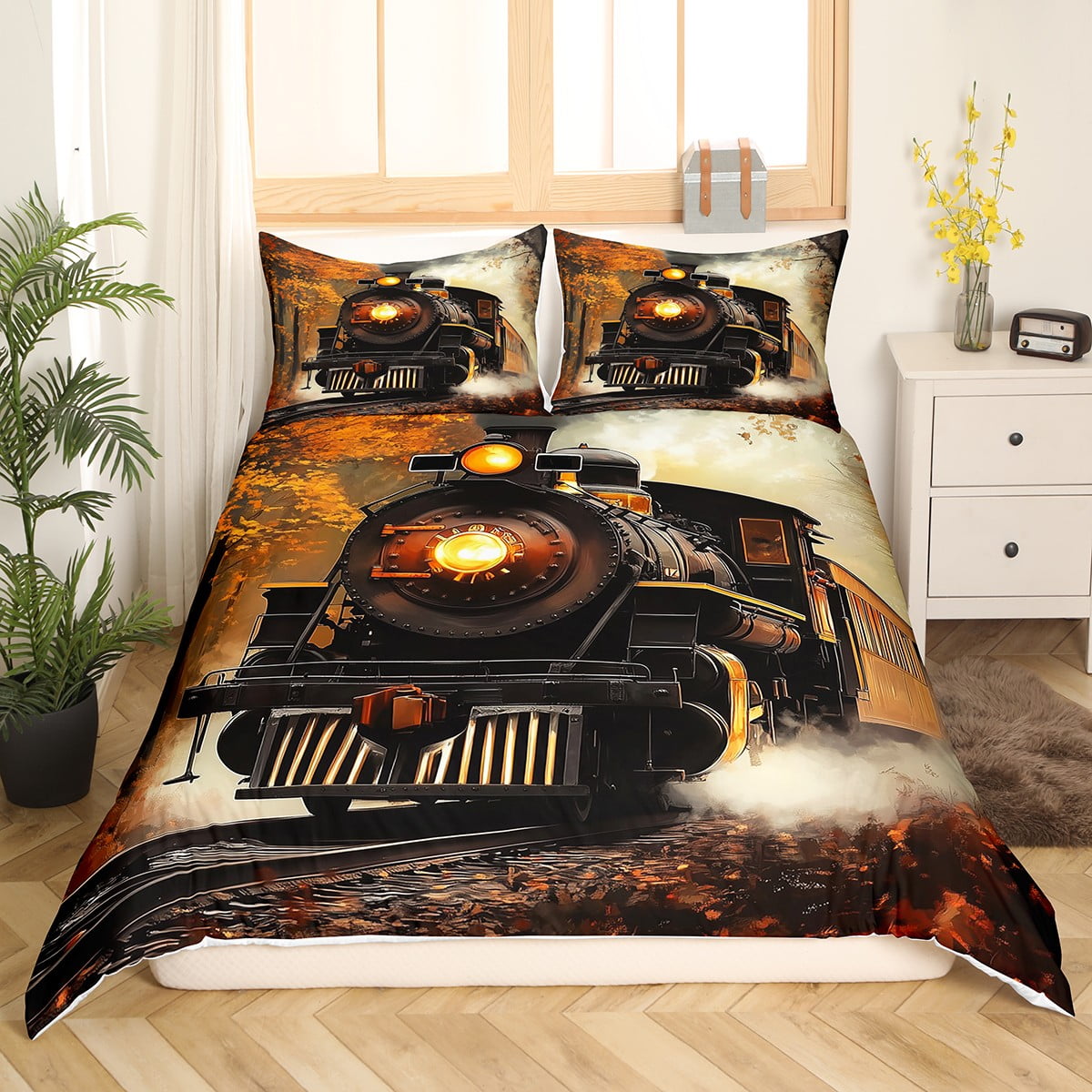 YST Train Bedding Set Retro Steam Engine Duvet Cover Full Railway Track ...