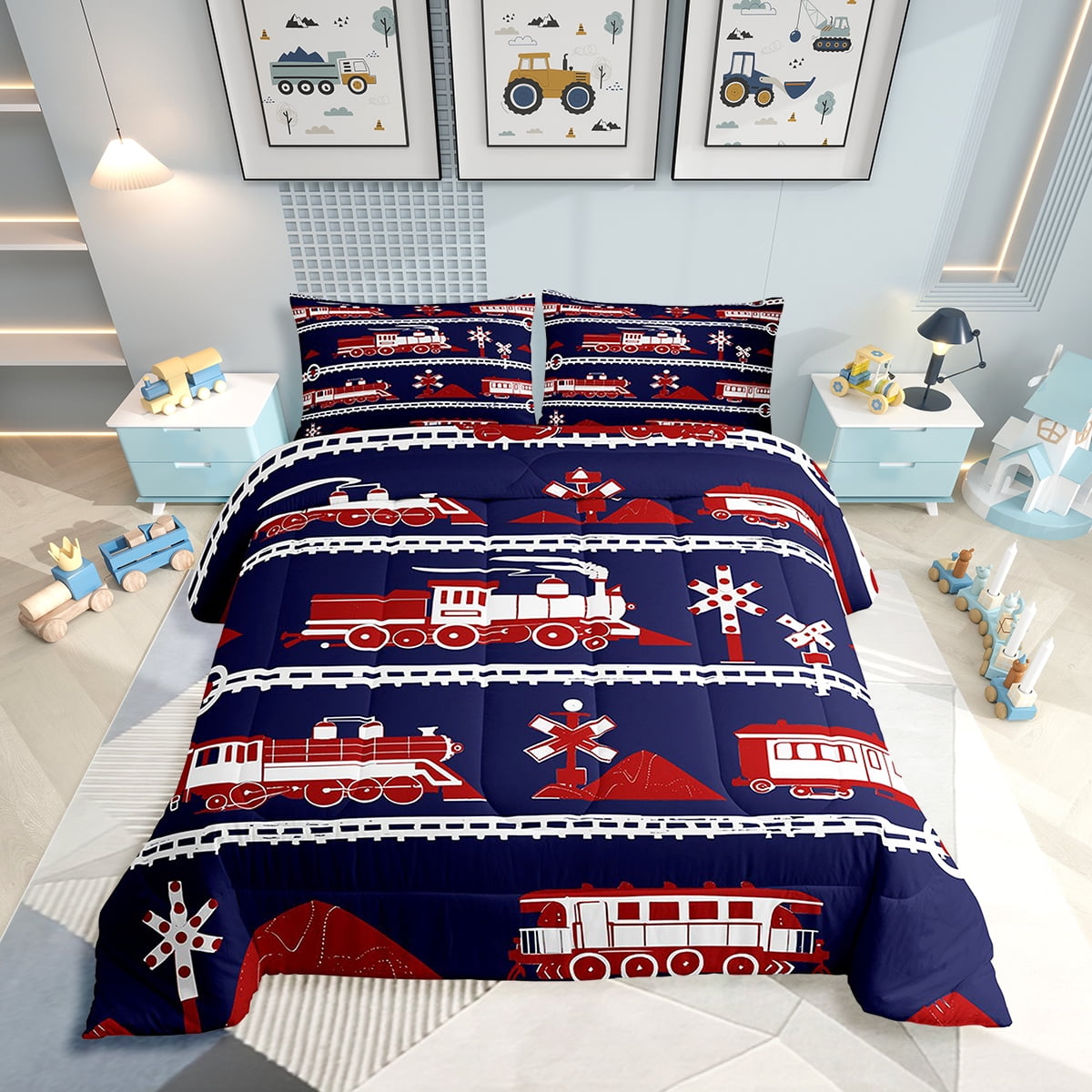 Train Comforter Set Cartoon Car Bedding, Traffic Transportation Track ...