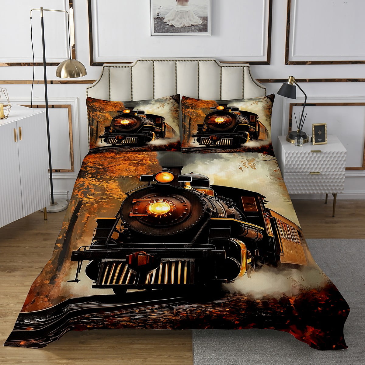 YST Train Coverlet Set Retro Steam Engine Quilt Set King Railway Track ...