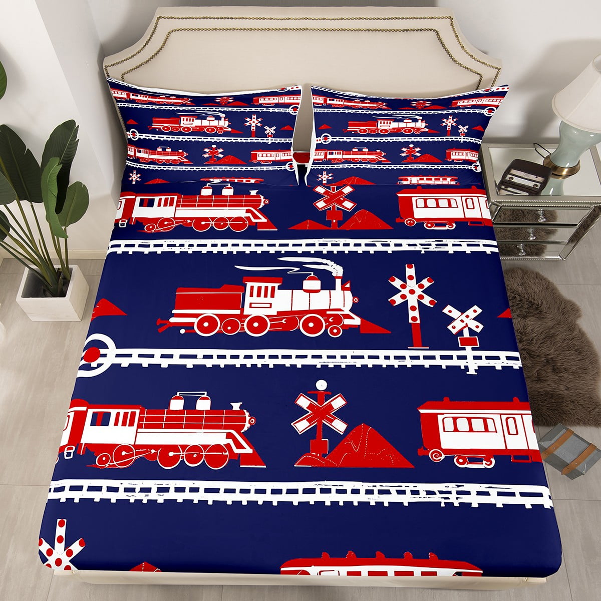 YST Train Fitted Sheet Cartoon Car Toddler Bedding Set, Traffic ...