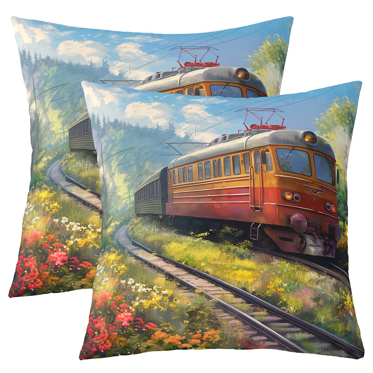 YST Train Throw Pillow Covers Pack of 2,Retro Steam Engine Pillow ...
