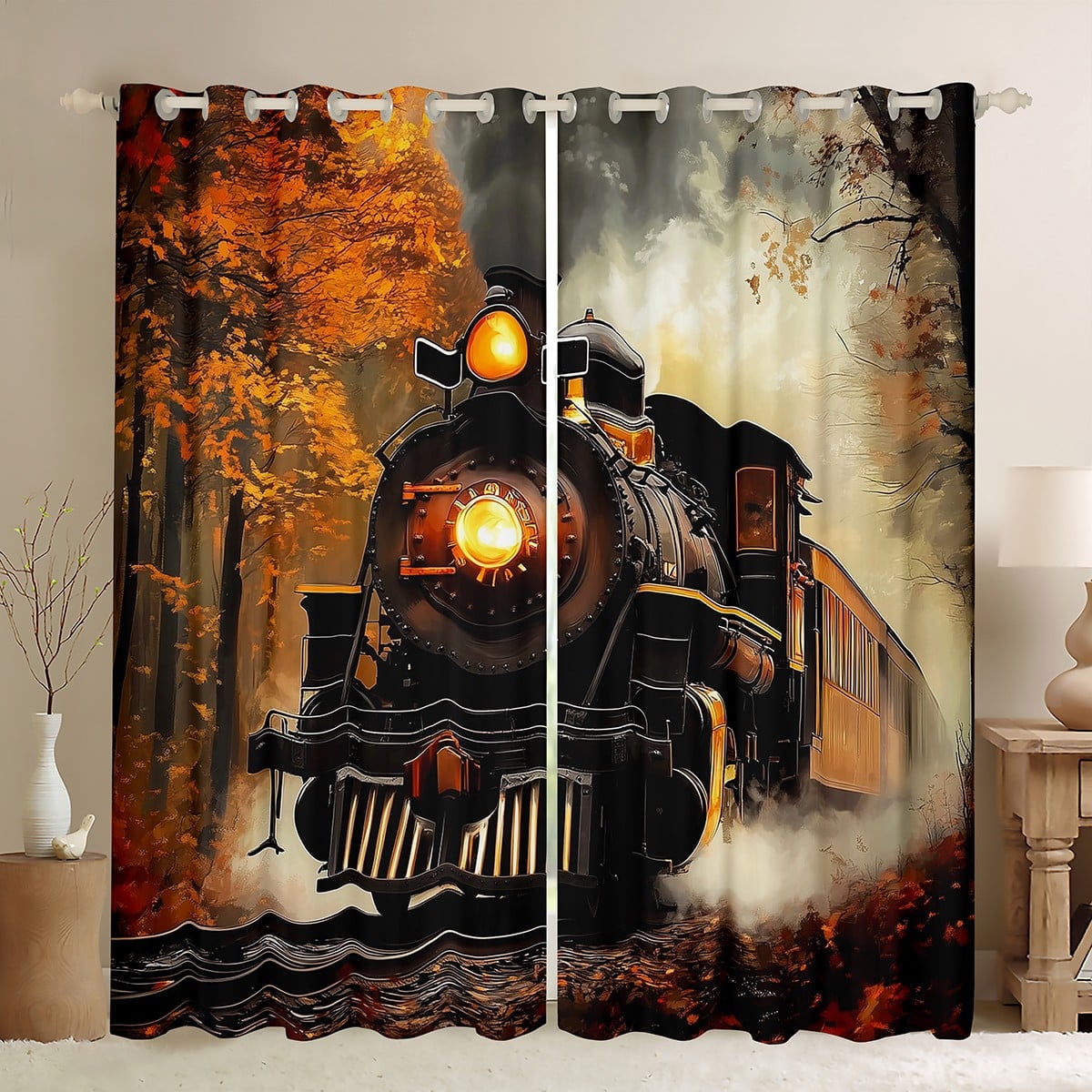 Train Window Curtains Retro Steam Engine 30%-50% Blackout Curtains 52 ...