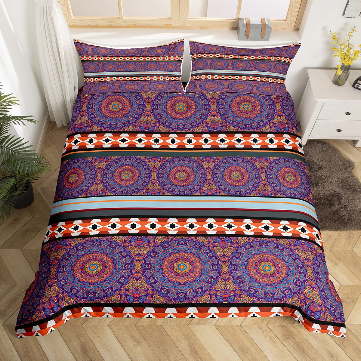 YST Tribal Aztec Bed Set Purple Navy Floral Duvet Cover, Bohemian ...