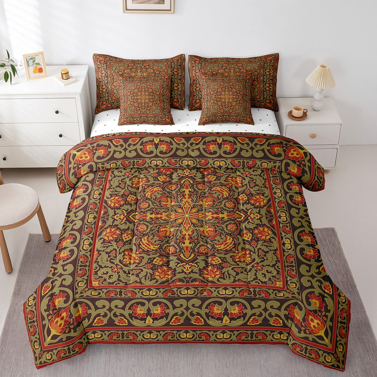 Tribal Floral 7 Pcs Comforter Set Queen Geometric Flowers Bedding Red ...