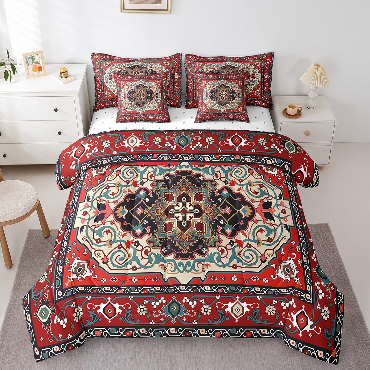 Tribal Floral 7 Pcs Comforter Set Twin Geometric Flowers Bedding Red ...