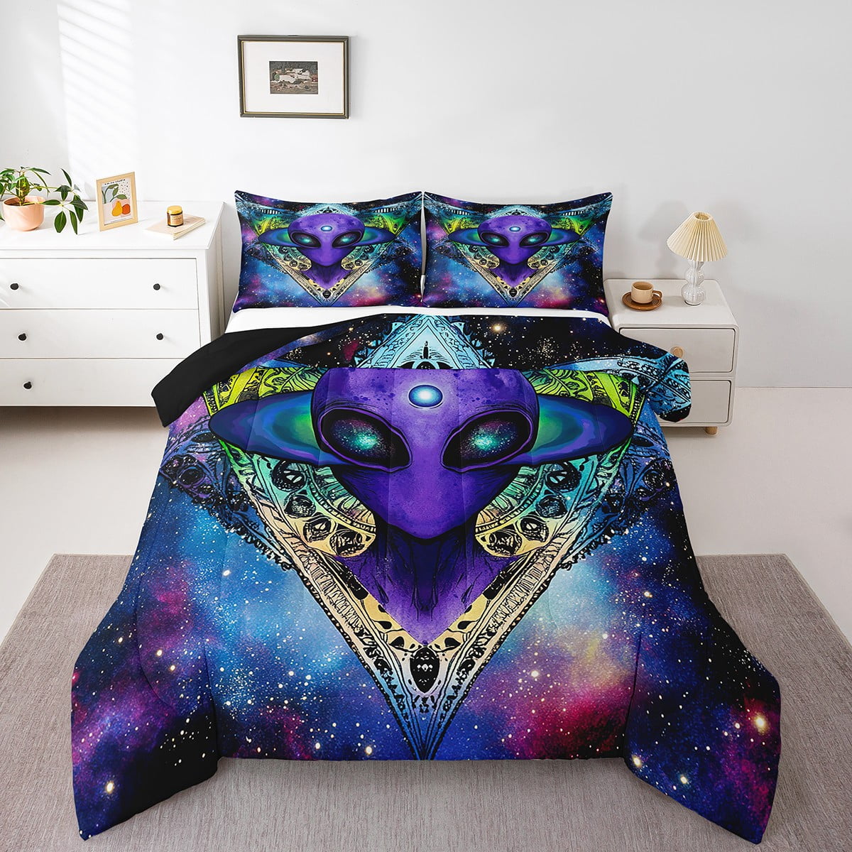 Trippy Alien Comforter Set,Galaxy Hippie Bedding Set Queen Size Teens ...