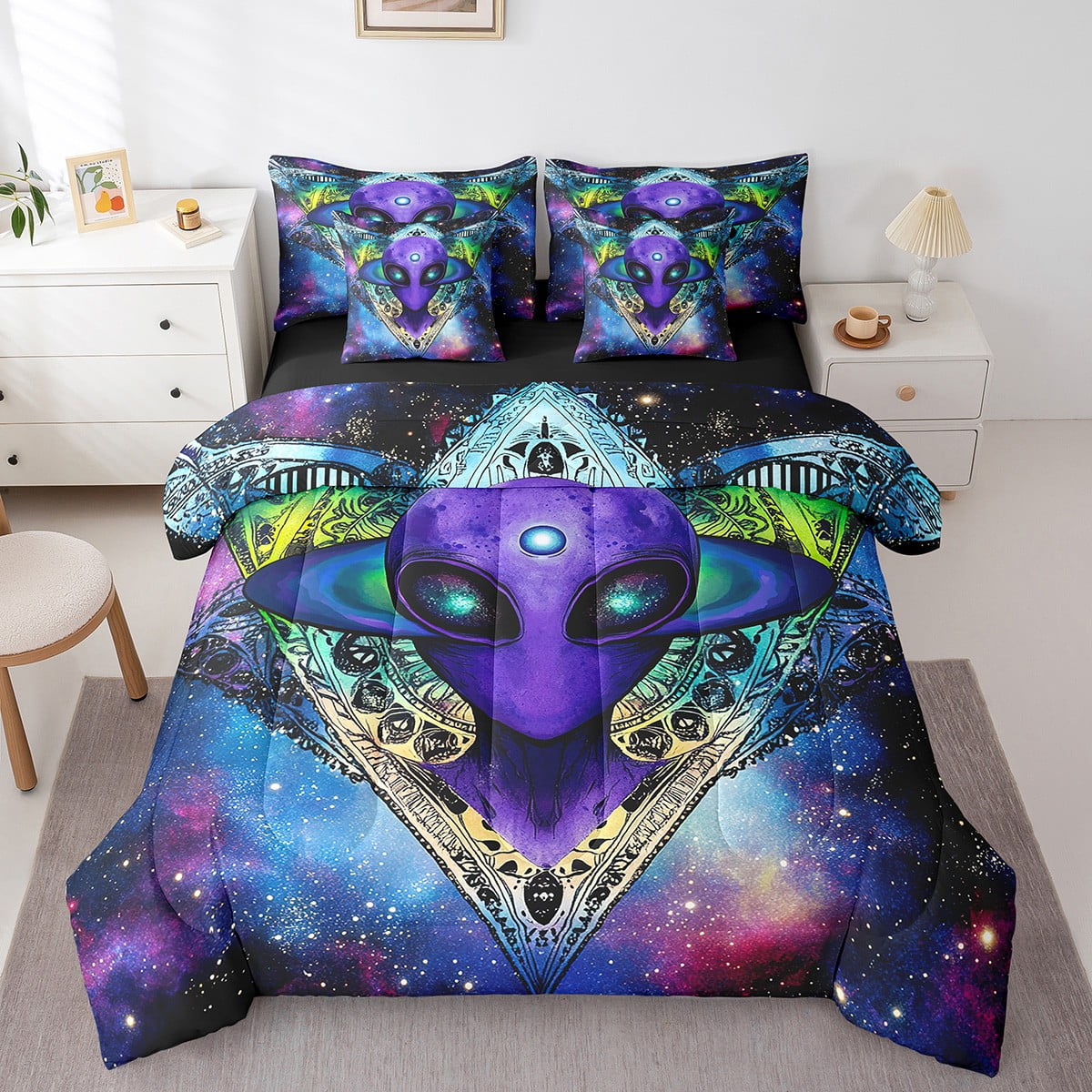 Trippy Alien Comforter Set With Sheets 7 Piece,Galaxy Hippie Bed In A ...