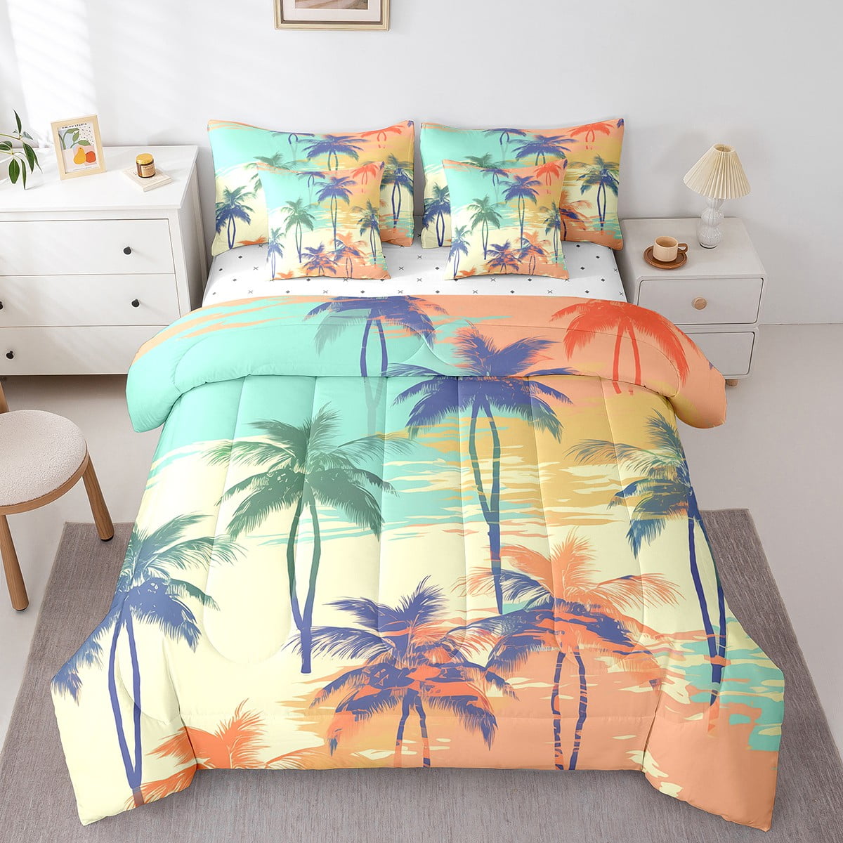 YST Tropical Bed Set Queen,Watercolor Palm Tree Leaf Comforter Set for ...
