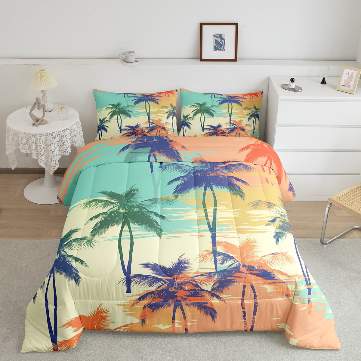 Tropical Bed Set Queen,Watercolor Palm Tree Leaf Comforter Set for ...