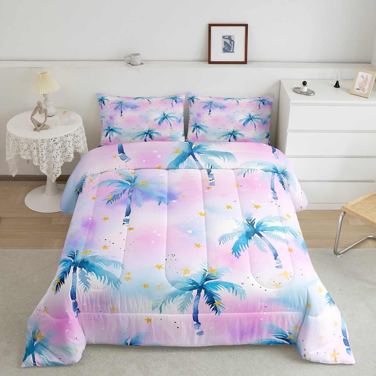 Tropical Botanical Comforter Set Blue Watercolor Palm Tree Leaves ...