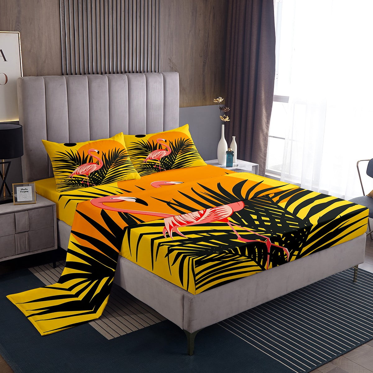 Tropical Flamingo Bed Sheets Set Palm Tree Leaves Full Sheet Set, Mid ...