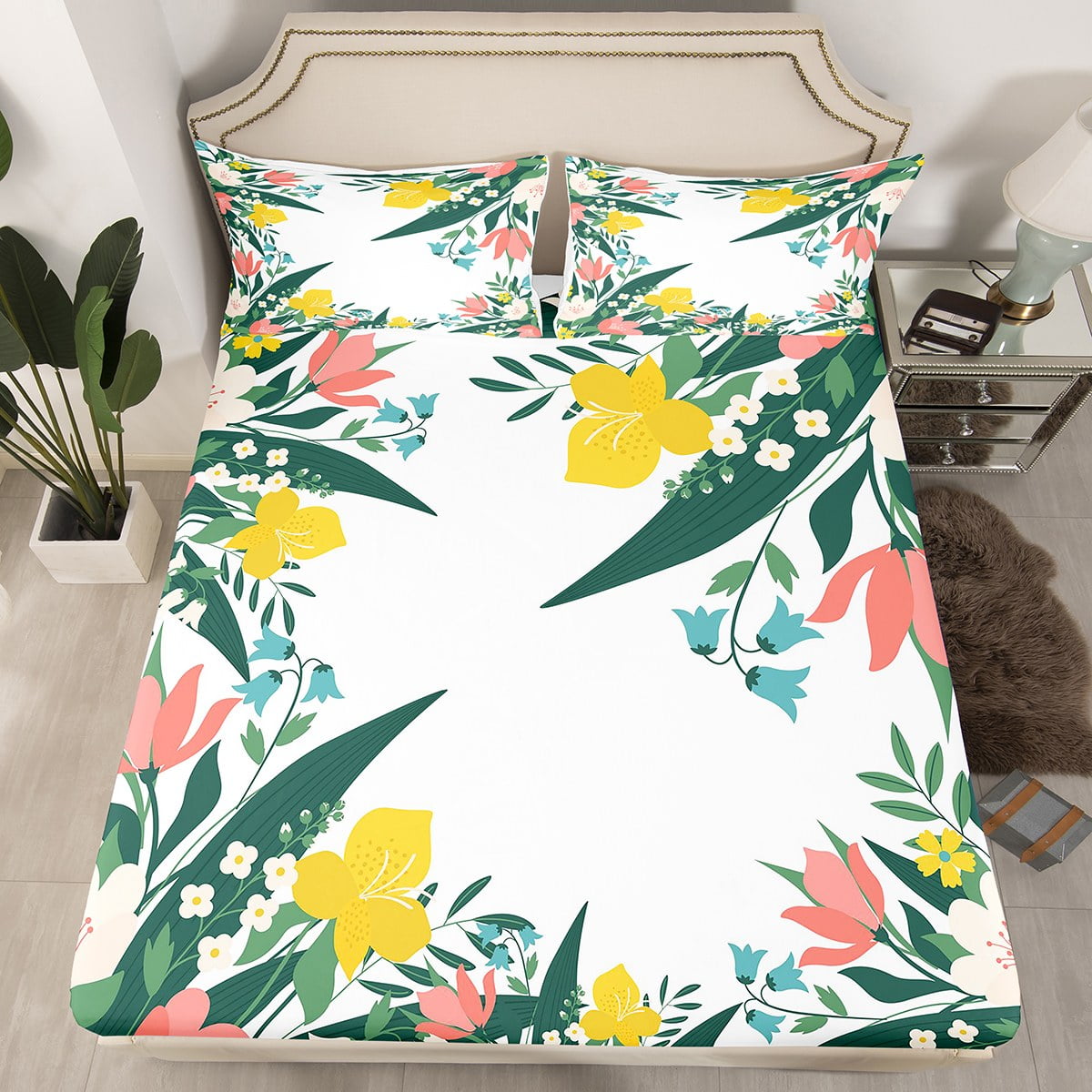 YST Tropical Floral Bed Sheets Botanical Leaves Green Plant Fitted ...