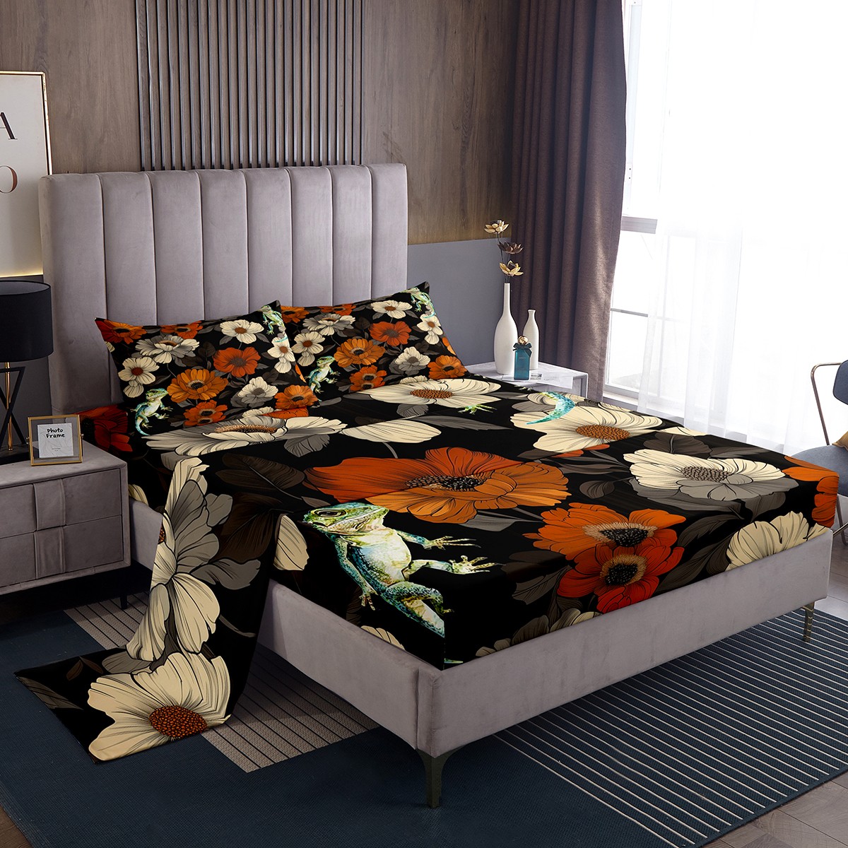 YST Tropical Floral Full Size Sheet Sets Cartoon Lizard Sheets, White ...