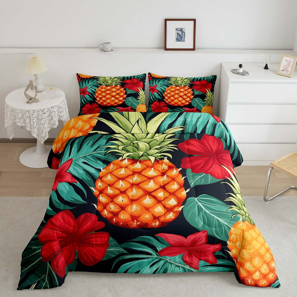YST Tropical Pineapple Bedding Sets Full Red Flower Comforter Set Palm ...