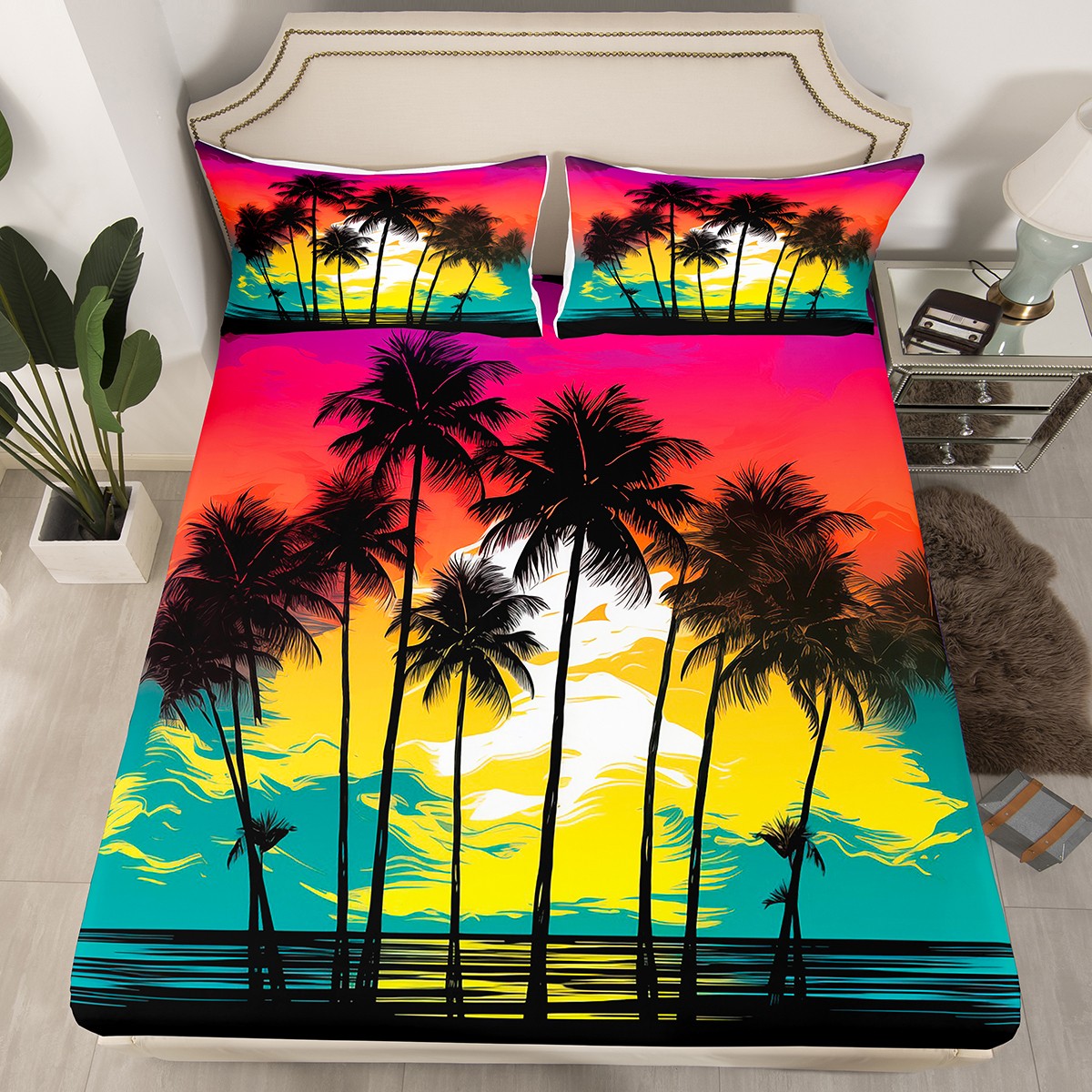 YST Tropical Sunset Palm Tree Fitted Sheet for Kids And Adults, Full ...