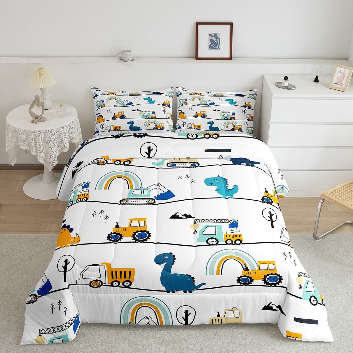 Erosebridal Truck Comforter Set Queen Cute Dinosaur Rainbow Bedding Set ...