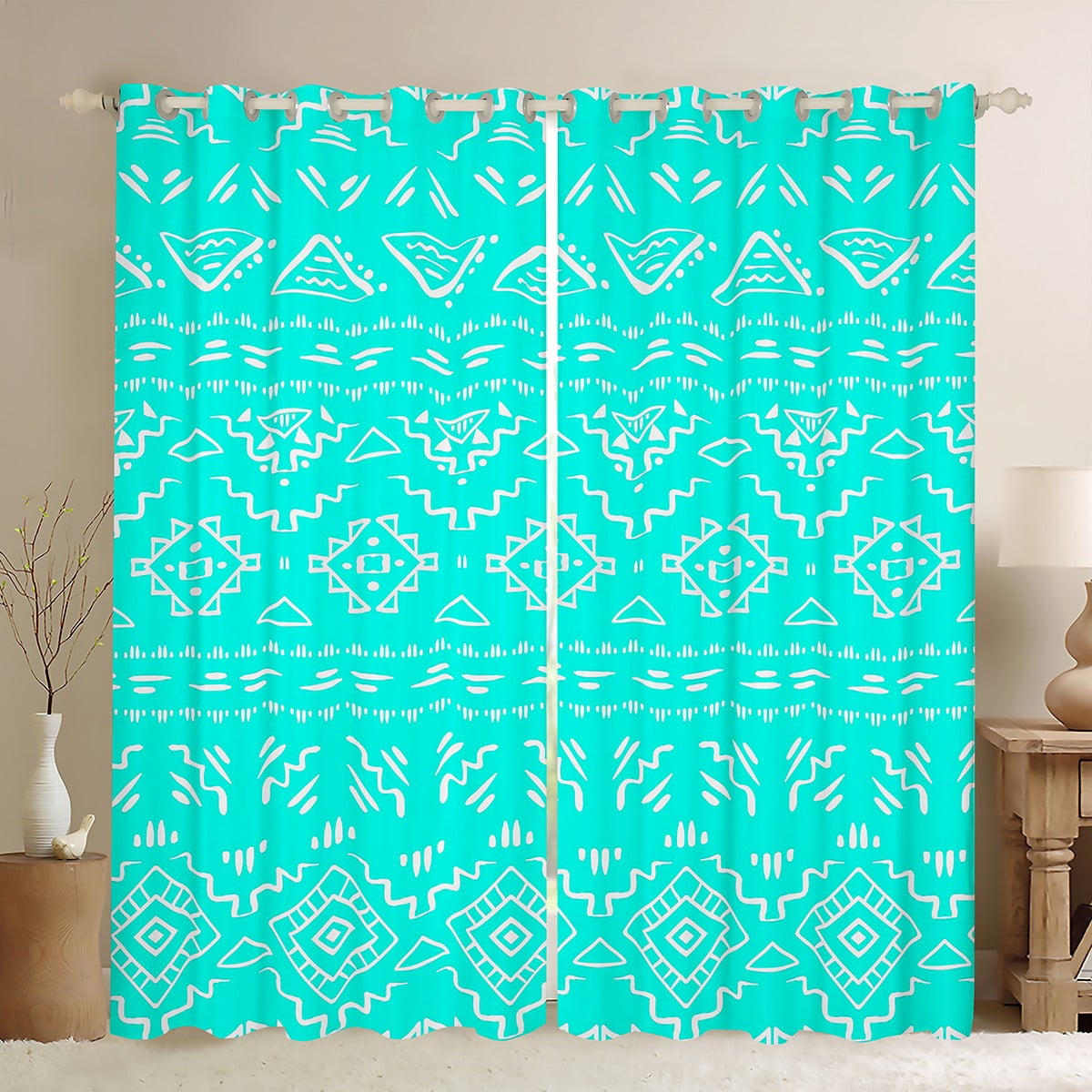 Turquoise Aztec Window Curtains Western Boho Curtains Teal Bohemian ...