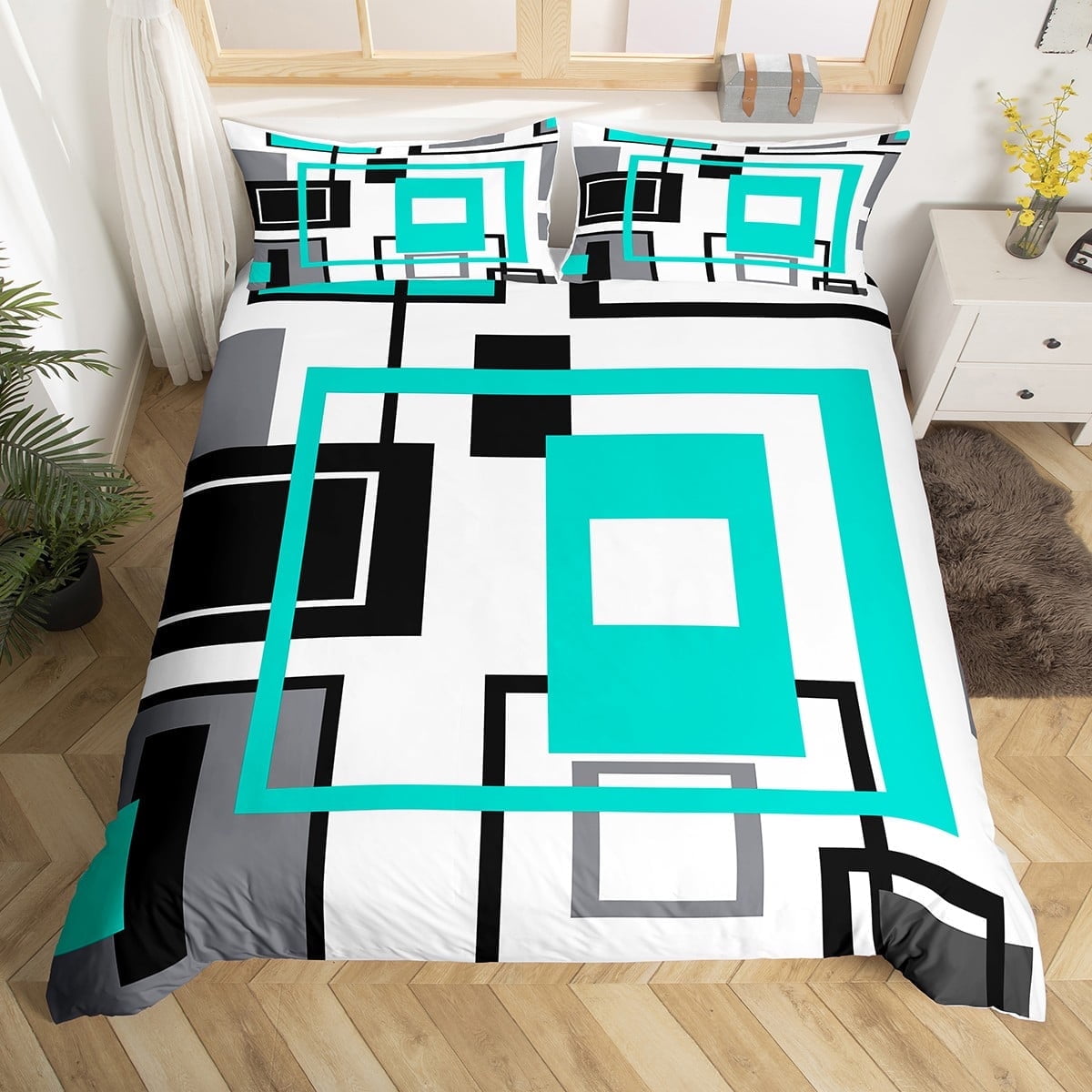 Erosebridal Turquoise Geometric Duvet Cover Black White Teal Grey ...