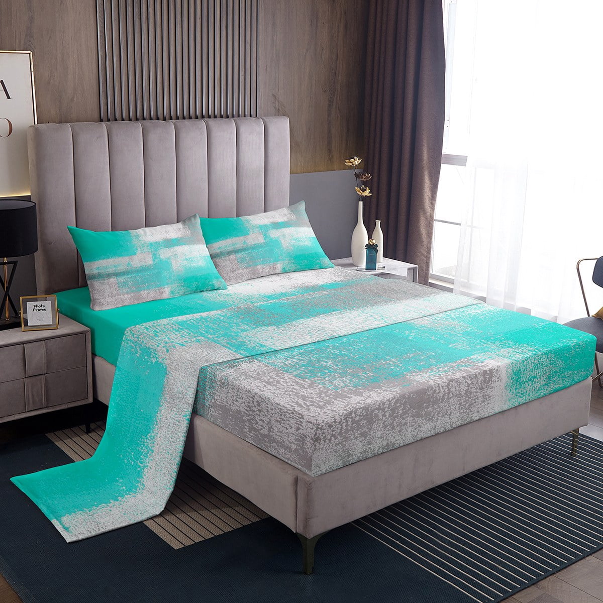 Erosebridal Turquoise and Grey Bed Sheets Set Full,Contemporary Ombre ...