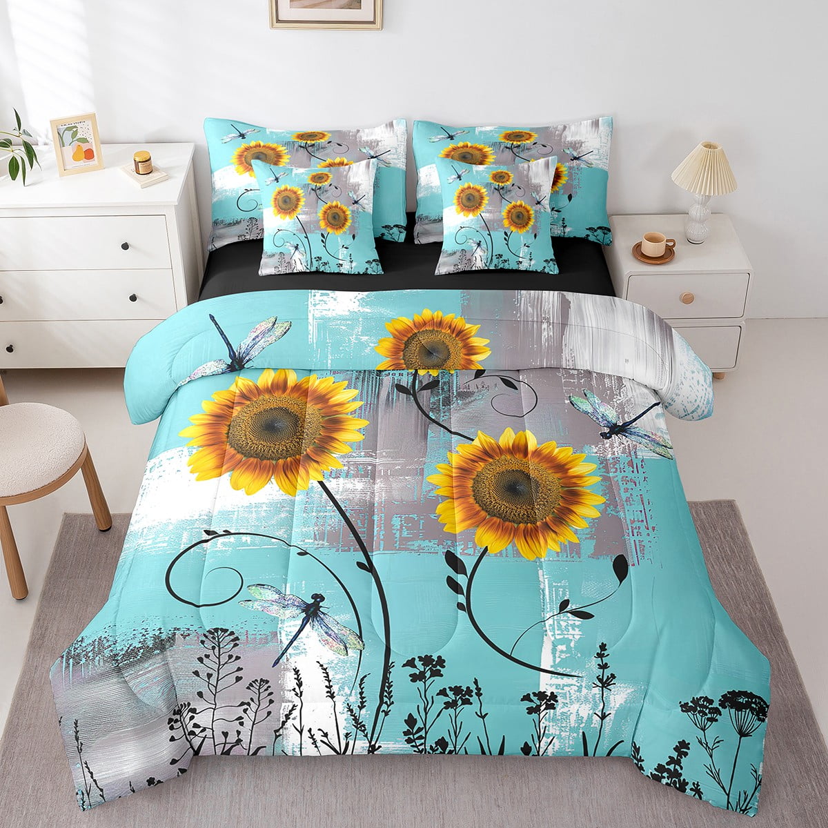 YST Turquoise Grey White Bed In A Bag 7 Piece Full Teal Oil Painting ...