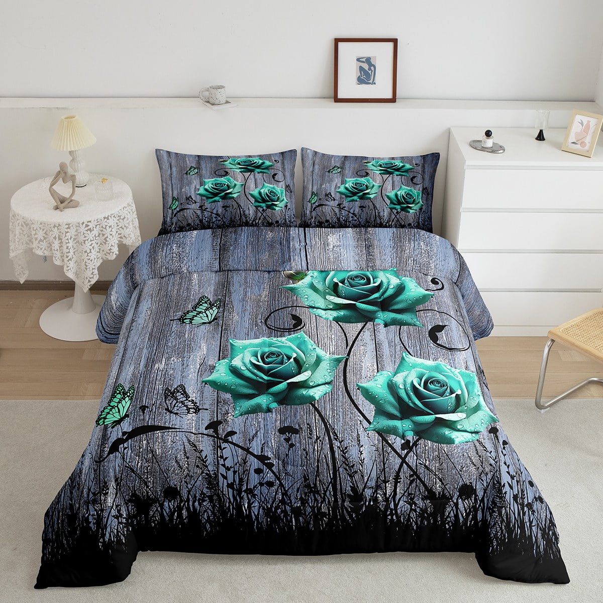 Turquoise Rose Comforter Set Twin Size Teal Butterfly Bedding Sets ...
