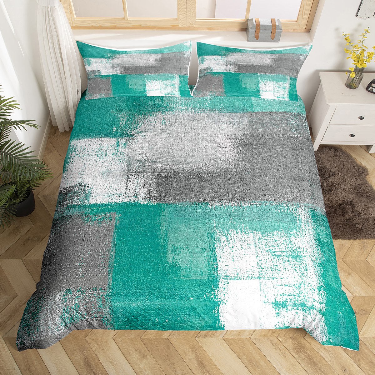 YST Turquoise Watercolor Bedding Sets Twin Gray Gradient Comforter ...