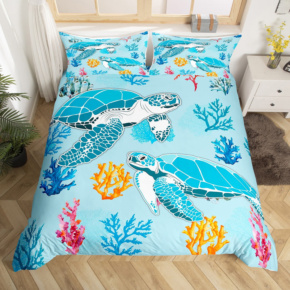 YST Turtle Duvet Cover Beach Turtle Bedding Set Queen For Girls Boys ...