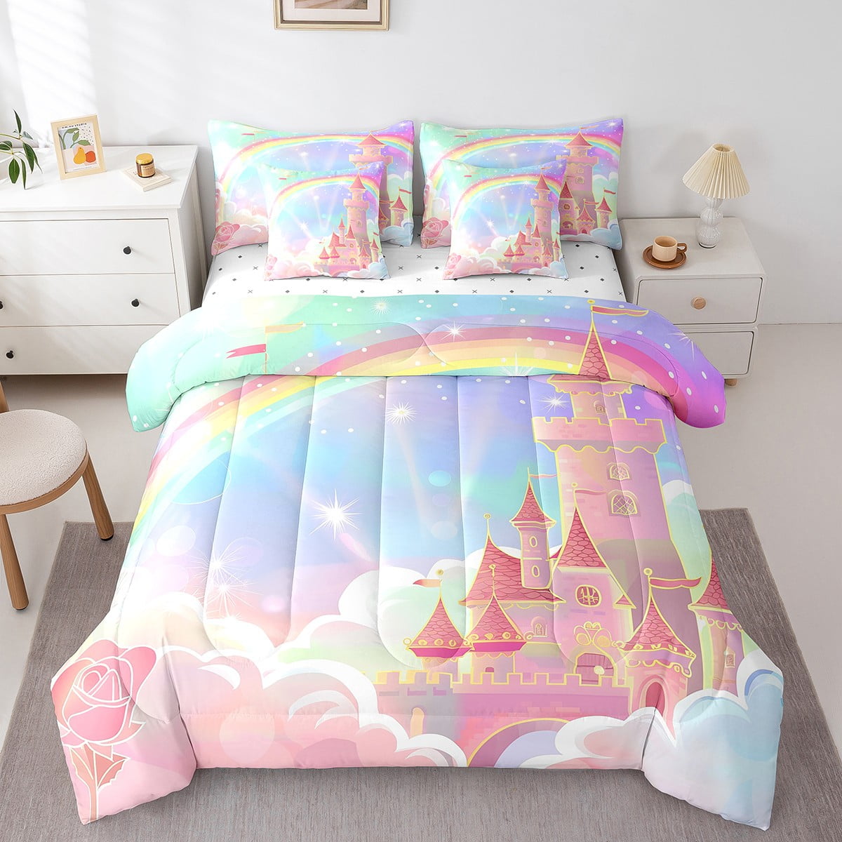 Twin Dreamy Castle Comforter Set 7 Pieces, Rainbow Reversible Bed In A ...