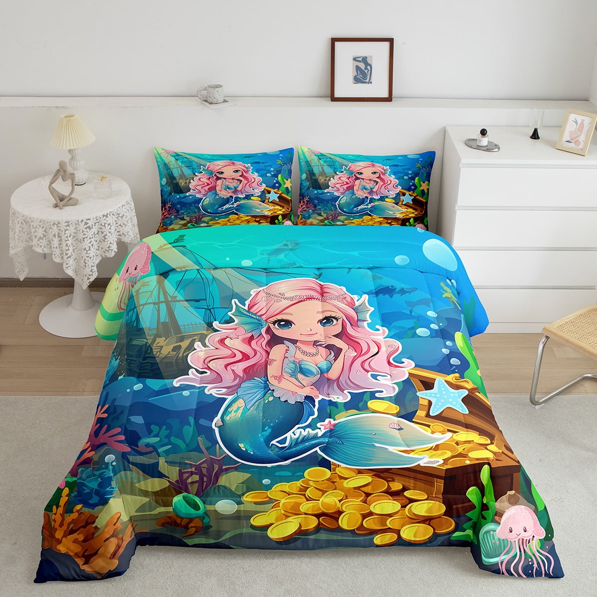 YST Twin Mermaid Bed Set for Girls,Kawaii Mermaid Princess Bedding Set ...