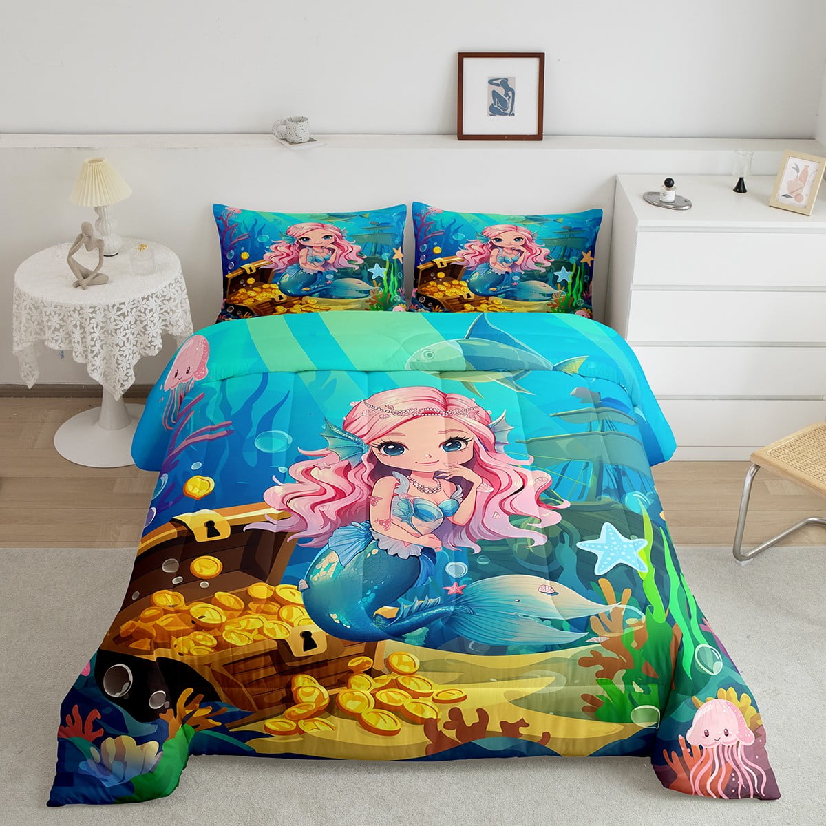 YST Twin Mermaid Bed Set for Girls,Kawaii Mermaid Princess Comforter ...