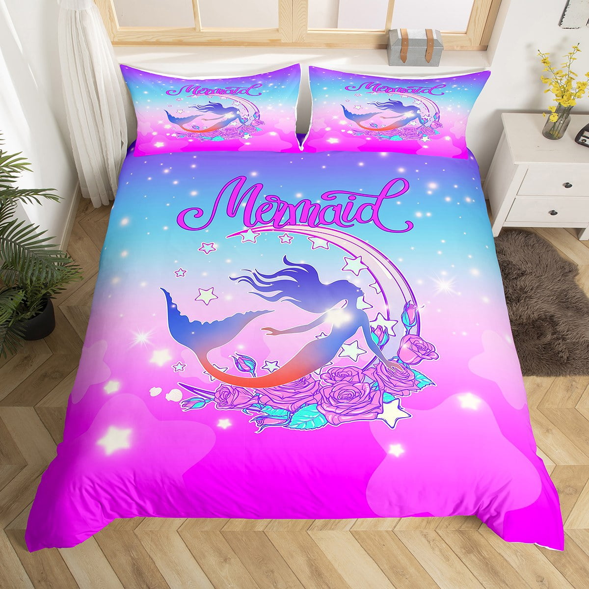 YST Twin Mermaid Comforter Cover For Girls, Girly Rainbow Duvet Cover ...