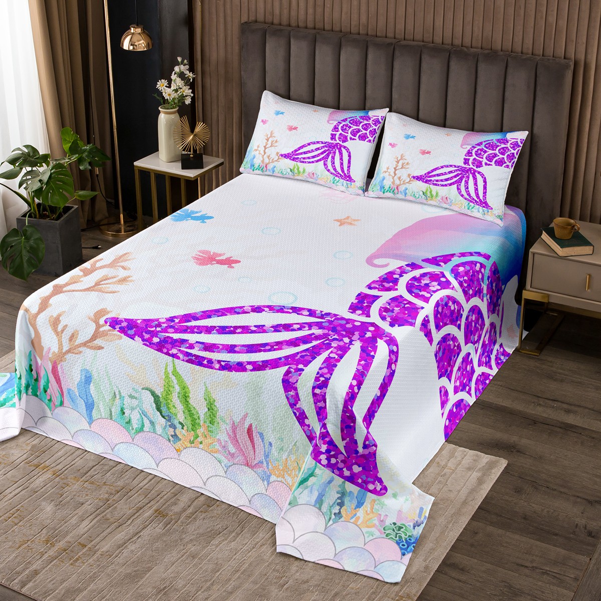 YST Twin Mermaid Coverlet Set For Girls, Pastel Glitter Mermaid Tail ...