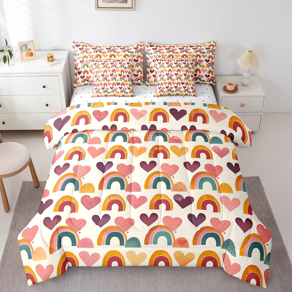 YST Twin Rainbow Comforter Set 7 Pieces, Pink Love Heart Bed In A Bag ...